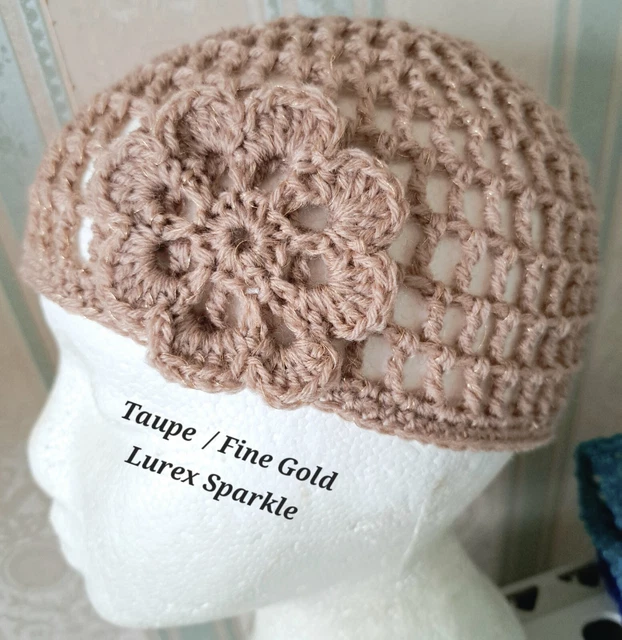 TAUPE ACRYLIC/GOLD LUREX HANDCROCHET SKULL CAP HAT 70s Fancy Dress ...