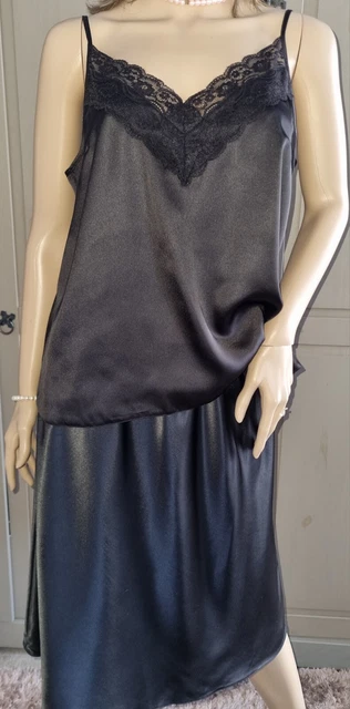 Classic Black Silky Liquid Satin Half Slip And Liquid Satin Lacy Camisole
