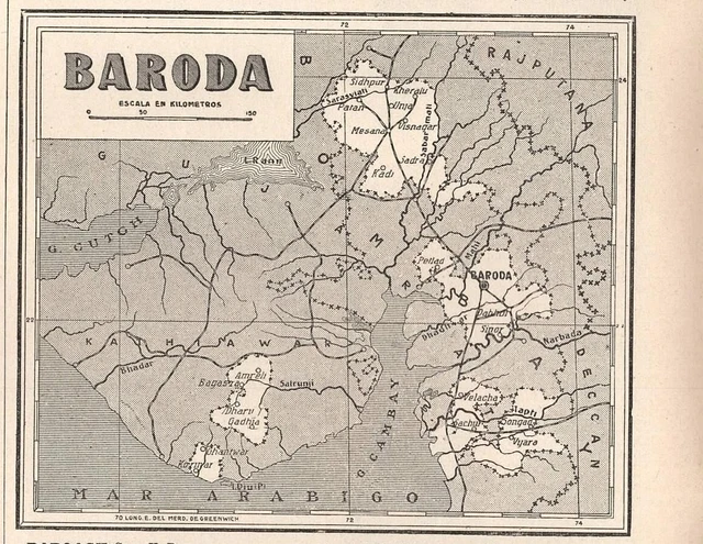 CARTA GEOGRAFICA ANTICA BARODA piccola mappa Gujarat India 1910 Antique ...
