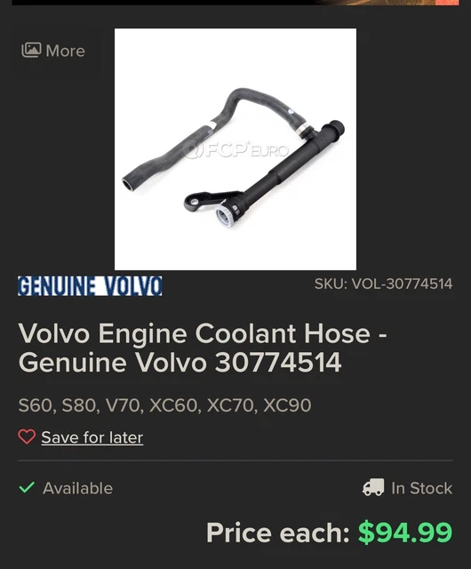 GENUINE VOLVO XC90 S80 S60 XC60 XC70 V60 V70 Engine Coolant Heater Hose ...