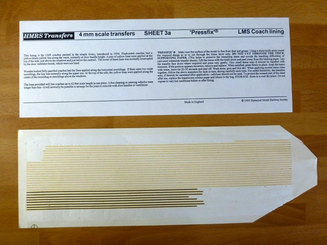 PRESSFIX TRANSFERS 4MM, LMS Coach lining, HMRS Sheet 3a, model railway ...