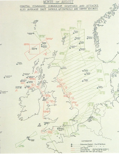 MOUNTED WAR MAP German U Boat Sightings Off Uk August 1940 Coastal ...