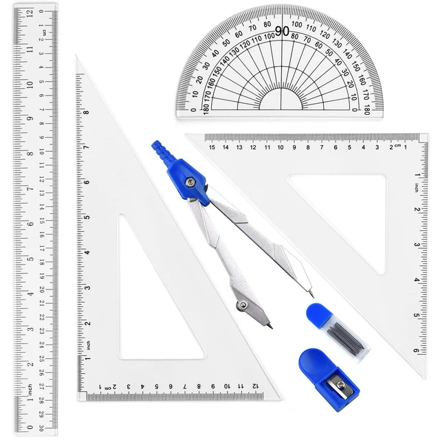 12-INCH MATH GEOMETRY Tool Set with Rulers Protractor Compass ...