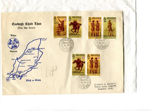ISLE OF MAN 1976 USA Bicentenial Se-Tenant Cut outs FDC cancelled Port ...