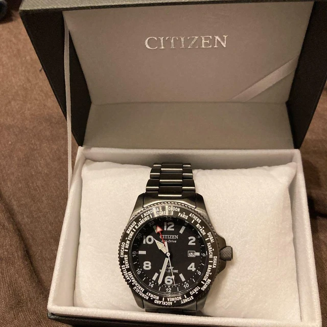 CITIZEN PROMASTER GMT Stainless Steel Date Box World Time Solar Mens ...