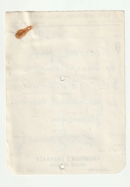 1965 KENSINGTON PEI Payment Receipt L.k. Zielinski M.D. M.C.G.P Walk In ...