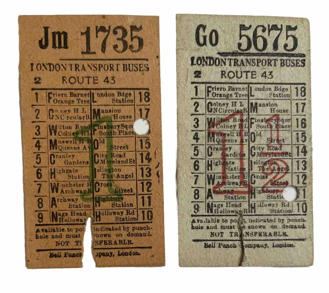 LONDON TRANSPORT USED Tickets Ticket Buses Bus Trolleybus ROUTE 43 x2 ...