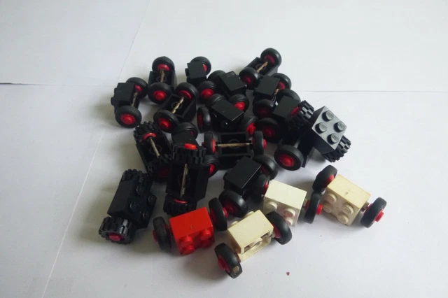LEGO BRICK MODIFIED 2x2 with Red Wheels Ref 3137c01 with tyres x 21pcs ...