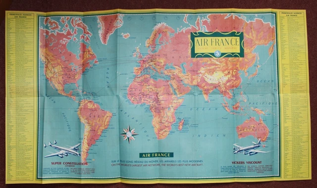 WORLD AVIATION MAP ‘Air France Reseau Aerien Mondial’ 1956 complete ...