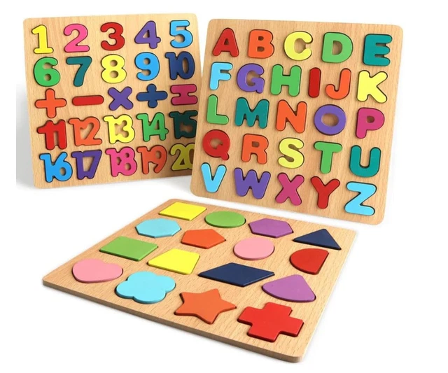 ABC NUMBER SHAPE Puzzle Colourful Wooden Stocking Filler Kids Toy ...
