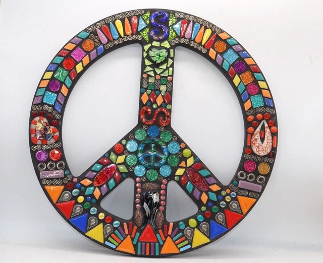 LARGE MOSAIC TILE Peace Sign Wall Art Glass Gems Mixed Media Signed 4 ...