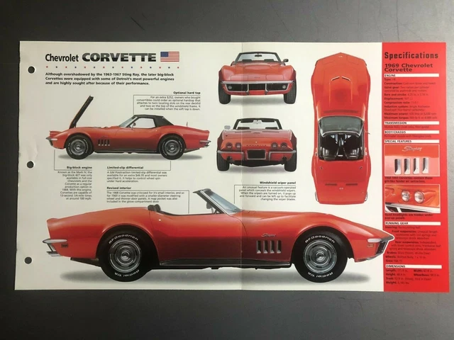 1969 CHEVROLET CORVETTE Specification Feuille, Affiche, De, Brochure ...