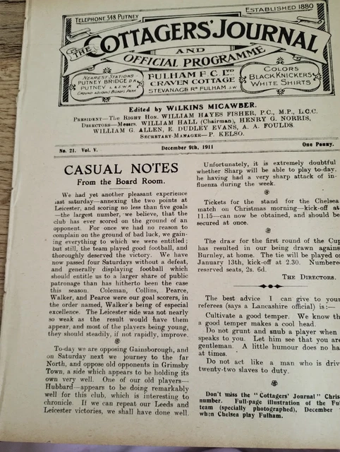 VERY RARE 1911 Fulham v Gainsborough trinity see photo good condition £ ...