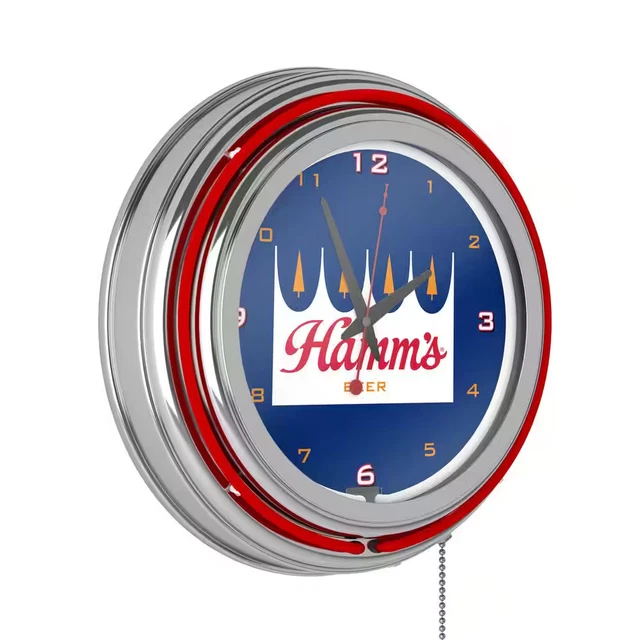 14& HAMM'S RED Logo Lighted Analog Neon Clock Garage Cave Office Double ...