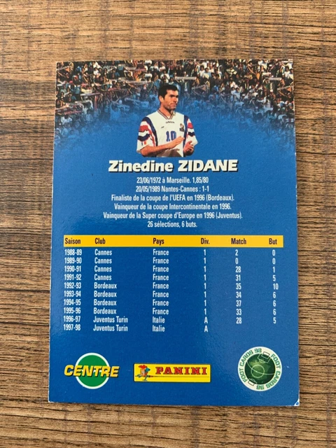 ZINEDINE ZIDANE - carte Panini - foot cards 98 - carte numérotée 190 ...