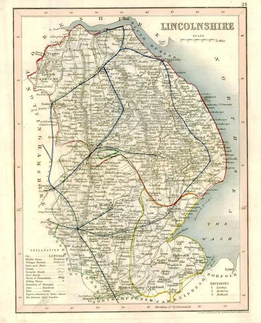 1860 JOSHUA ARCHER map of LINCOLNSHIRE England with outline colour (AM3 ...