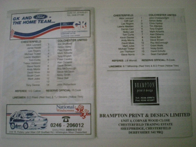 CHESTERFIELD V COLCHESTER UNITED, 8th JAN 1994 & 29th MAR 1994, NO ...