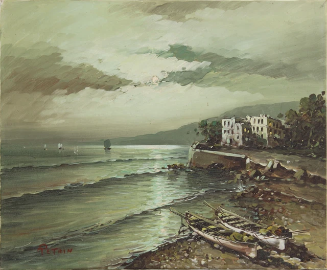 OIL ON CANVAS by Alessandro Petrin. Fishing boats on shore in South of ...