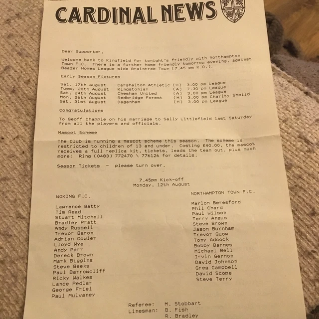 WOKING V NORTHAMPTON Town 1990's Friendly - Single Sheet £2.99 ...