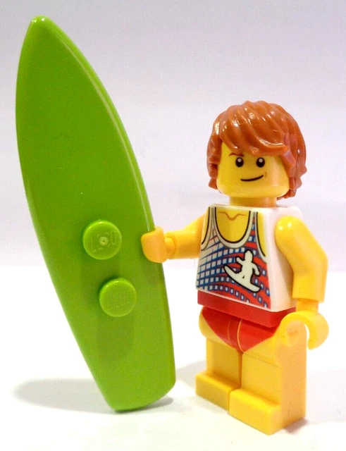 LEGO CITY, MINIFIGURE, Surfer with Lime Surf Board , Ginger Hair, New ...
