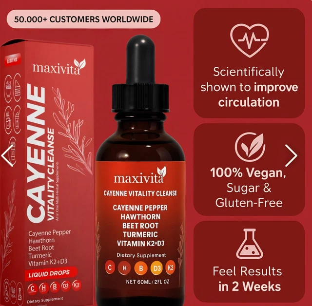 CAYENNE PEPPER , Hawthorn , Beetroot ,turmeric,k2,d3 60ml Liquid Drops ...