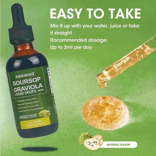 100% PURE GRAVIOLA Soursop Liquid Drops-1500mg Fruit & Leaf Herbal ...