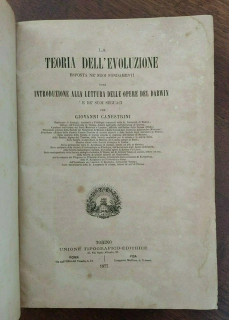 LA TEORIA DELL'EVOLUZIONE esposta suoi fondamenti DARWIN 1877 Torino ...