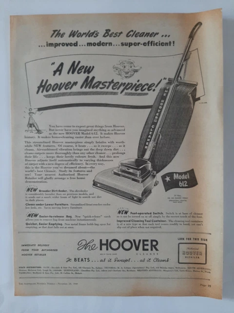 Vintage Australian Advertising 1949 Ad Hoover Vacuum Cleaner Model 612