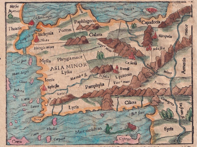 1614 SEBASTIAN MUNSTER Cosmographia Colored Map of Asia Minor £83.14 ...