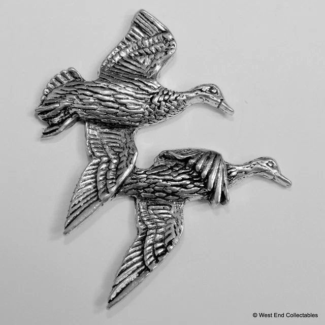 PAIR FLYING DUCKS Pewter Brooch Pin - British Artisan Signed Badge ...