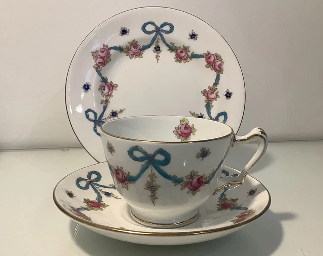 CROWN STAFFORDSHIRE RIBBONS, Bows, Swags, Roses Trio. Cup, Saucer ...