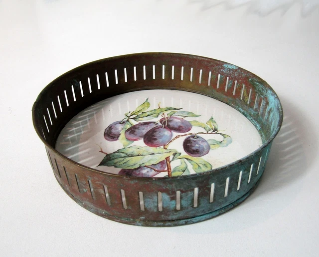 ANCIENNE CORBEILLE AJOURÉE en faience et cuivre 18cm prunes EUR 19,90 ...
