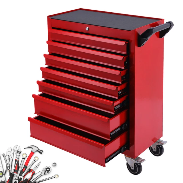 7 DRAWER LOCKABLE Tool Trolley Chest Heavy Duty Steel Mobile Storage Cabinet Red £189.95 ...