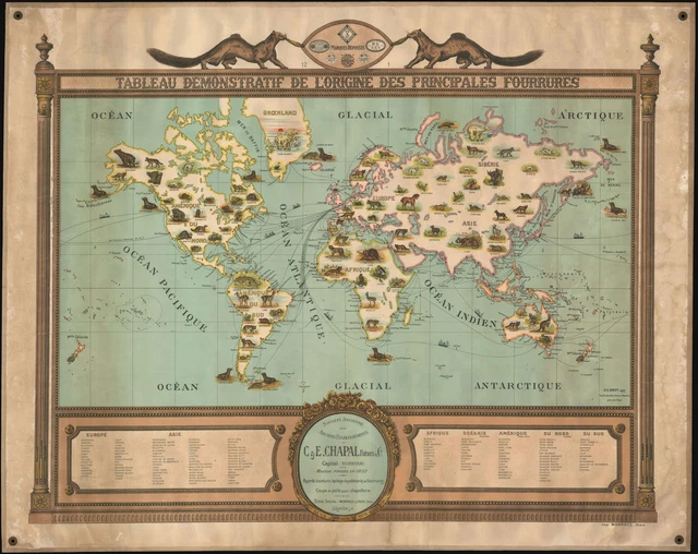 1917 HANOT PICTORIAL Wall Map of the World Fur Trade $13,620.80 ...
