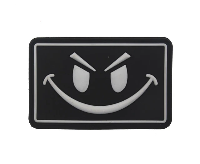PVC RUBBER EVIL SMILE SMILEY FACE ISAF US ARMY TACTICAL HOOK PATCH Back ...