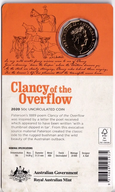 AUSTRALIAN: 2020 50 Cent Banjo Paterson Clancy Of The Overflow Unc Coin ...
