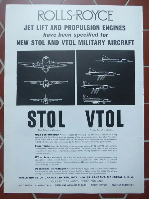 12/1961 PUB ROLLS-ROYCE Vtol Stol Propulsion Aero Engine Original Ad £ ...