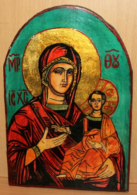 Vintage Hand Painted Orthodox Icon Virgin Mary Jesus Christ Child 311