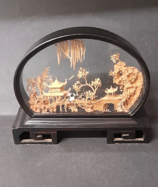VINTAGE CHINESE CORK Carving Diorama Shadow Box Curved £25.00 - PicClick UK