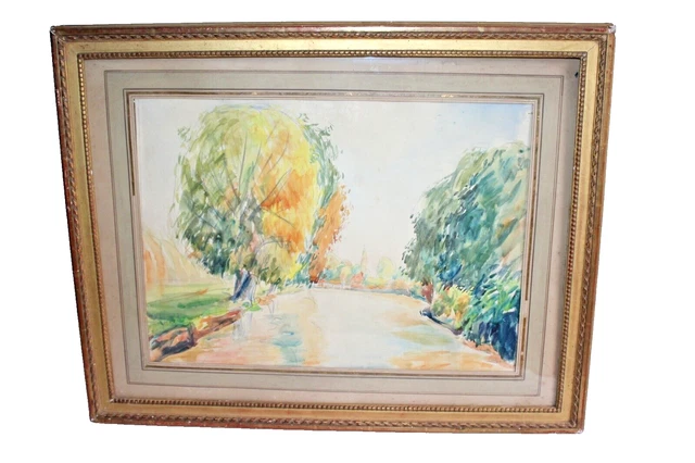 ANCIENNE AQUARELLE, DESSIN, paysage, signé, cadre doré perles, dim. 49x37 cm EUR 120,00 ...
