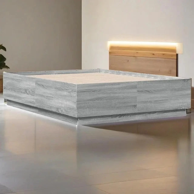 GREY BED FRAME with LED Lights 120x190 cm Small Double Assembly ...