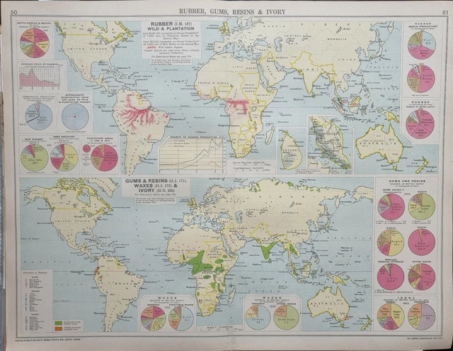 1928 MAP WORLD Rubber Gums Resins Waxes British Supply Production $77. ...