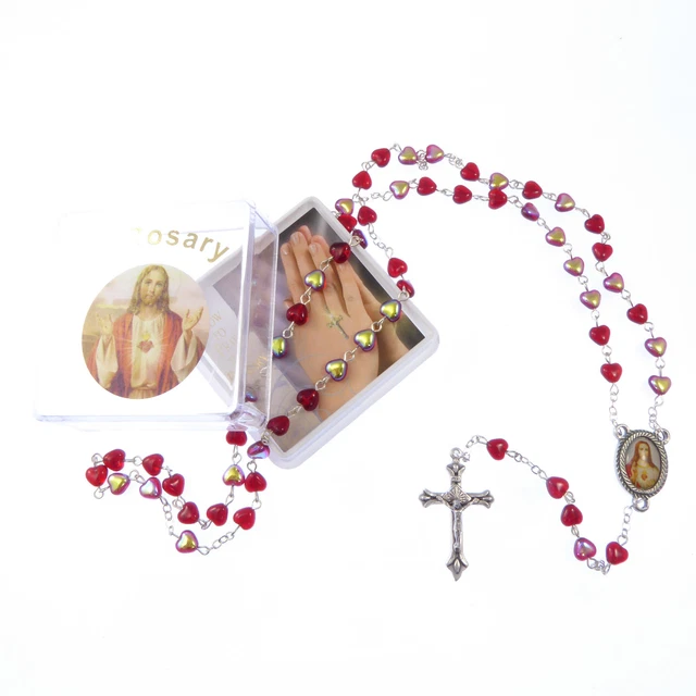 CATHOLIC IRIDESCENT RED glass heart Sacred Heart Jesus rosary beads in ...
