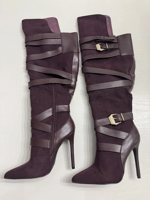 WOMENS PLUM GOLD Suede Knee High Boots Stiletto Fashion Heels Sz 10 ...