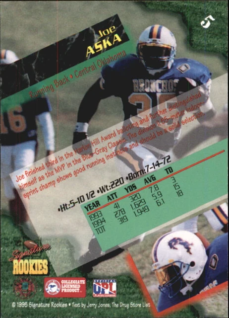 1995 SIGNATURE ROOKIES Autographes Raiders Football Card #5 Joe Aska ...