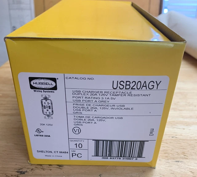 HUBBELL USB20AGY USB Charger 20A 125V Receptacle GRAY (BOX OF 10) $49. ...