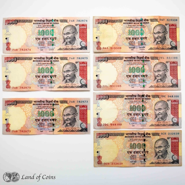 INDIA: 7 X 1,000 Indian Rupee Banknotes. £0.99 - PicClick UK