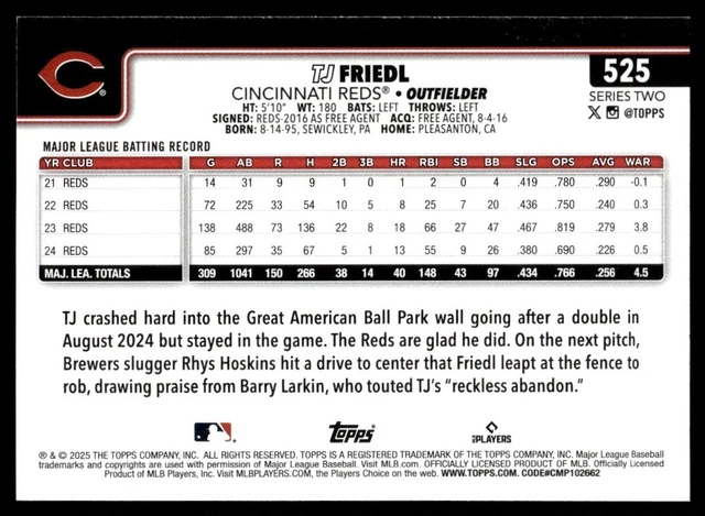 2025 TOPPS SERIES 2 Tj Friedl Cincinnati Reds #525 £1.00 - PicClick UK