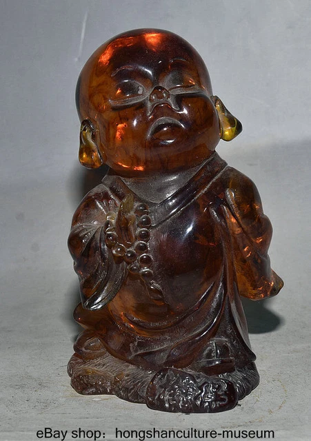 6.2 & CHINA Red Amber Carved Buddhist Monk shovelling Heshang Buddha ...