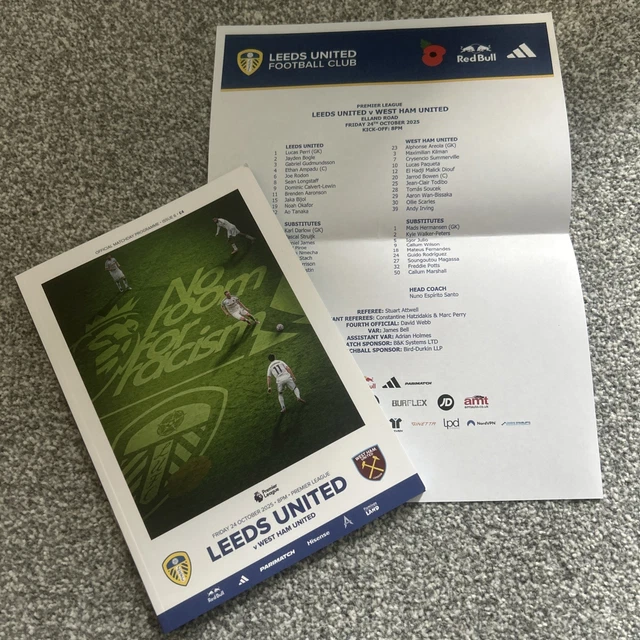LEEDS UNITED MATCHDAY Programme Team Sheet 2025/26 West Ham Premier ...